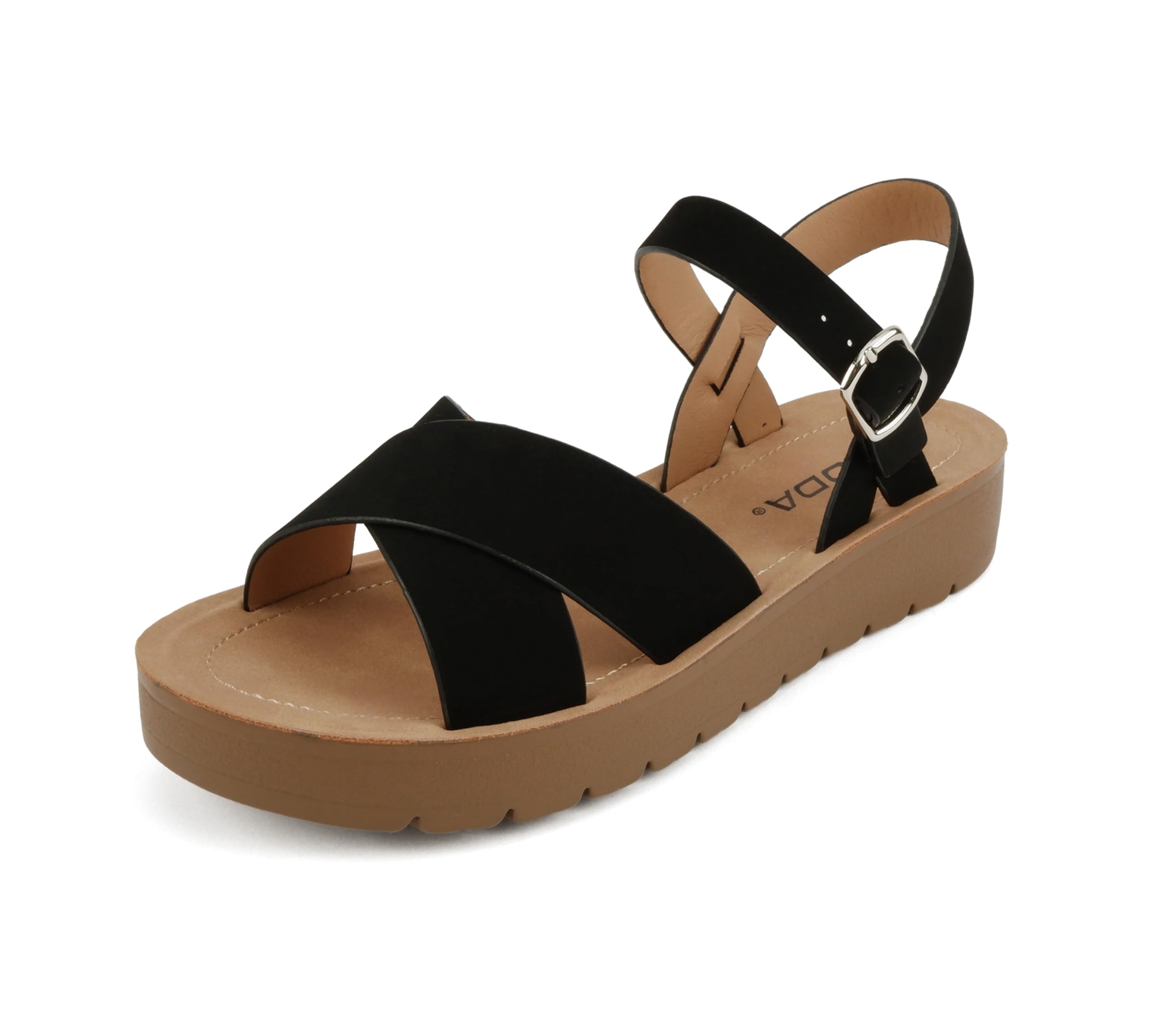 Soda Shoes Women Flat Sandals Flatform Ankle Buckle Criss Cross Band Straps Chester-S Black 7
