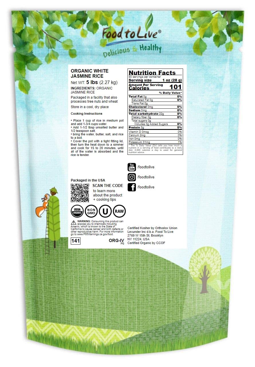 Food to Live - Organic White Jasmine Rice, 5 Pounds - Non-GMO, Long-Grain Rice Variety, Raw, Vegan, Kosher, Bulk