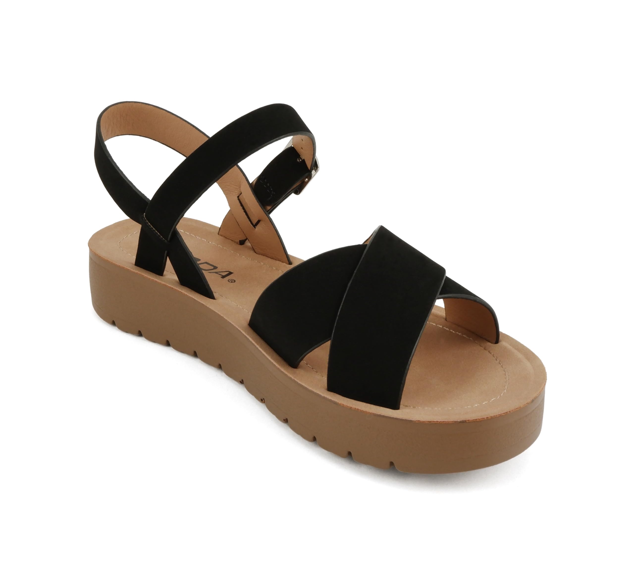Soda Shoes Women Flat Sandals Flatform Ankle Buckle Criss Cross Band Straps Chester-S Black 7