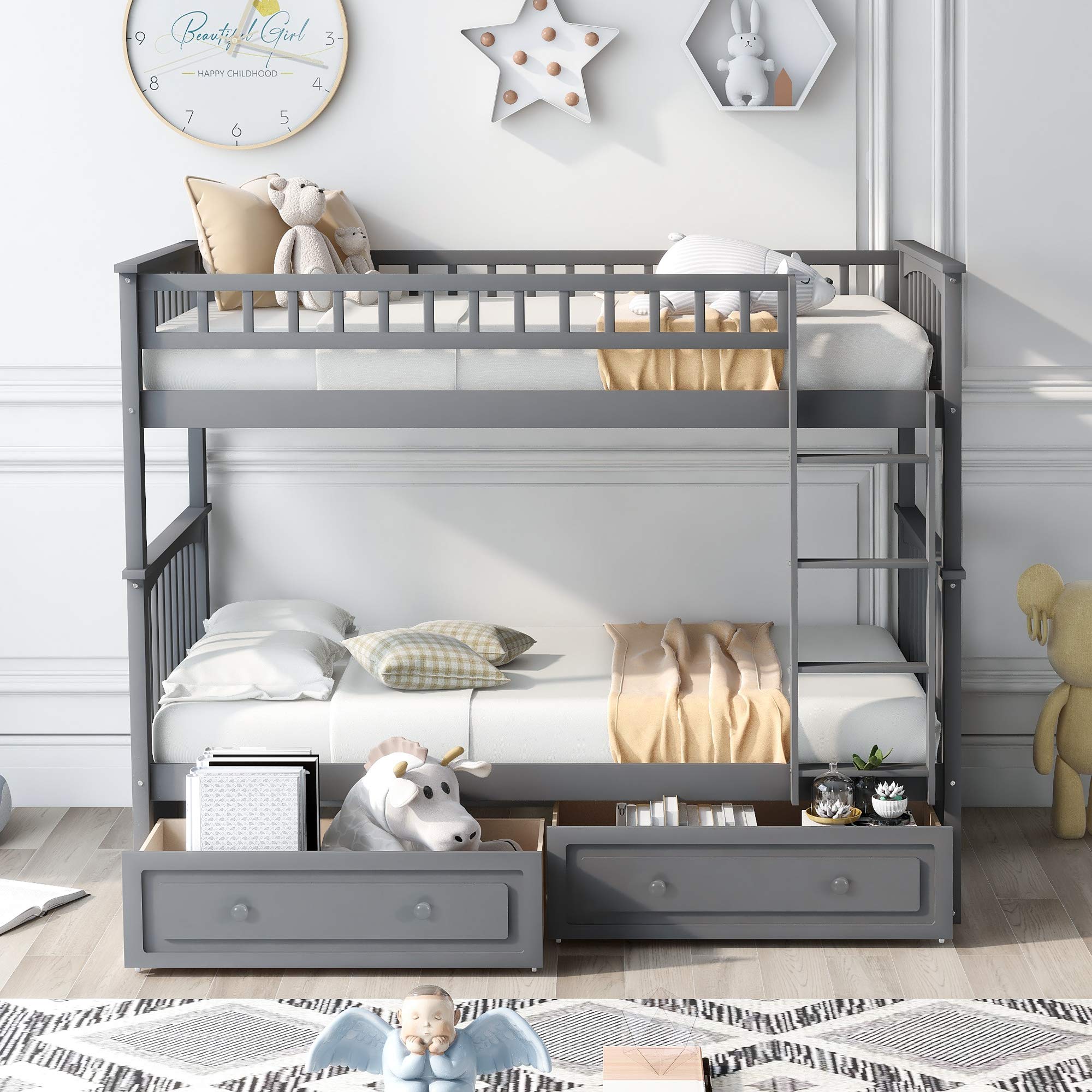 BIADNBZ Twin Over Twin Bunk Bed with Storage Drawers, Wooden Convertible BunkBed into 2 Platform Bedframe, for Kids Teens Adults Bedroom, Gray