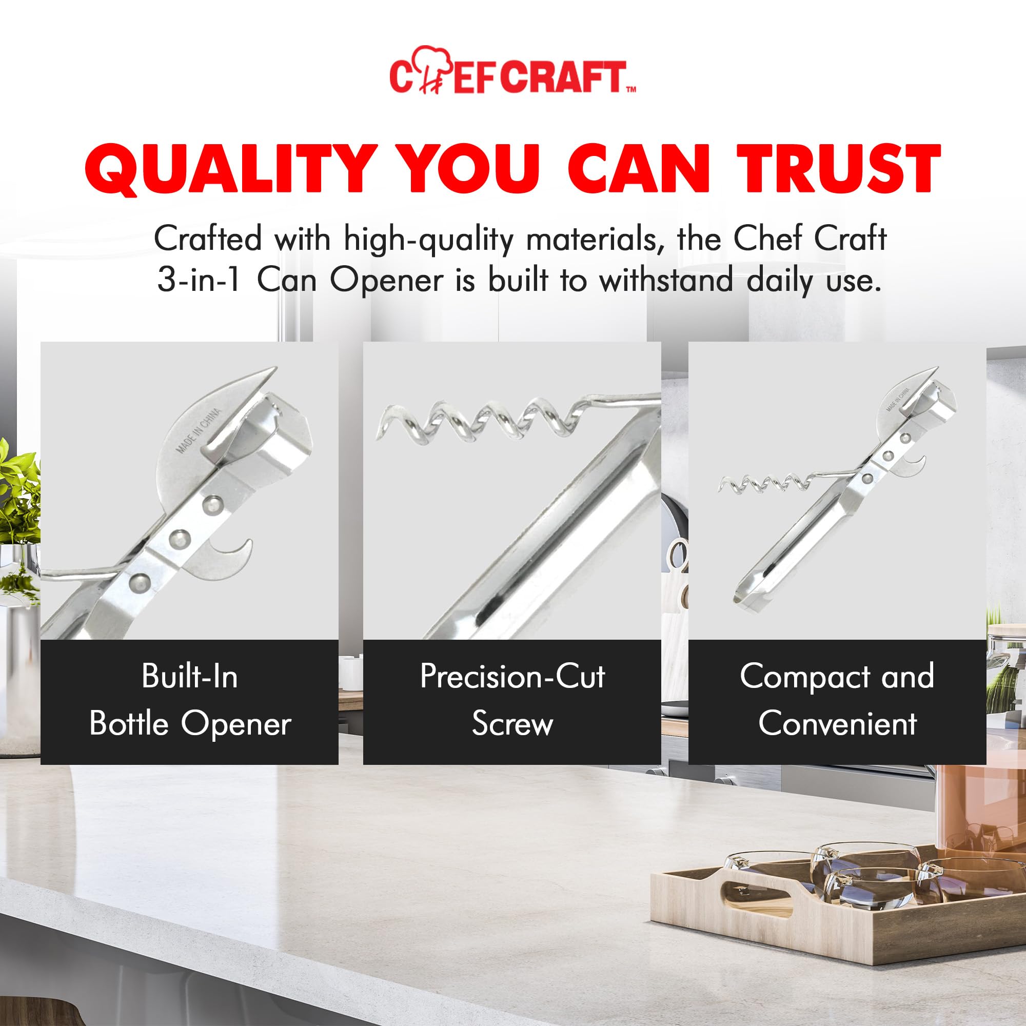 Chef Craft Select 3-in-1 Can Opener, 6 inches in length, Stainless Steel