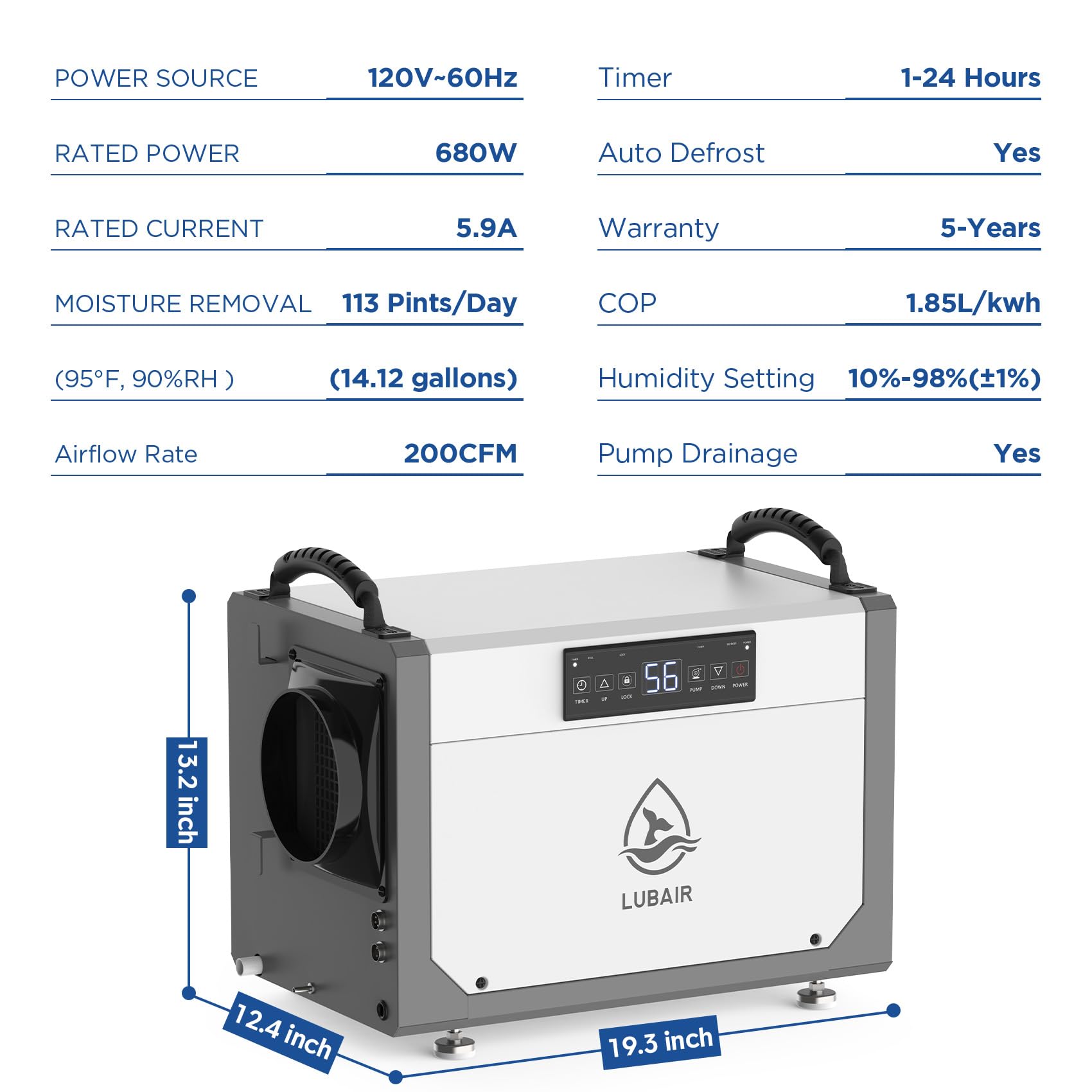 113 pint Crawl Space Dehumidifier with Pump for Basement,Commercial Dehumidifiers with Drain Hose, Industrial Dehumidifier for Large Space,Whole House