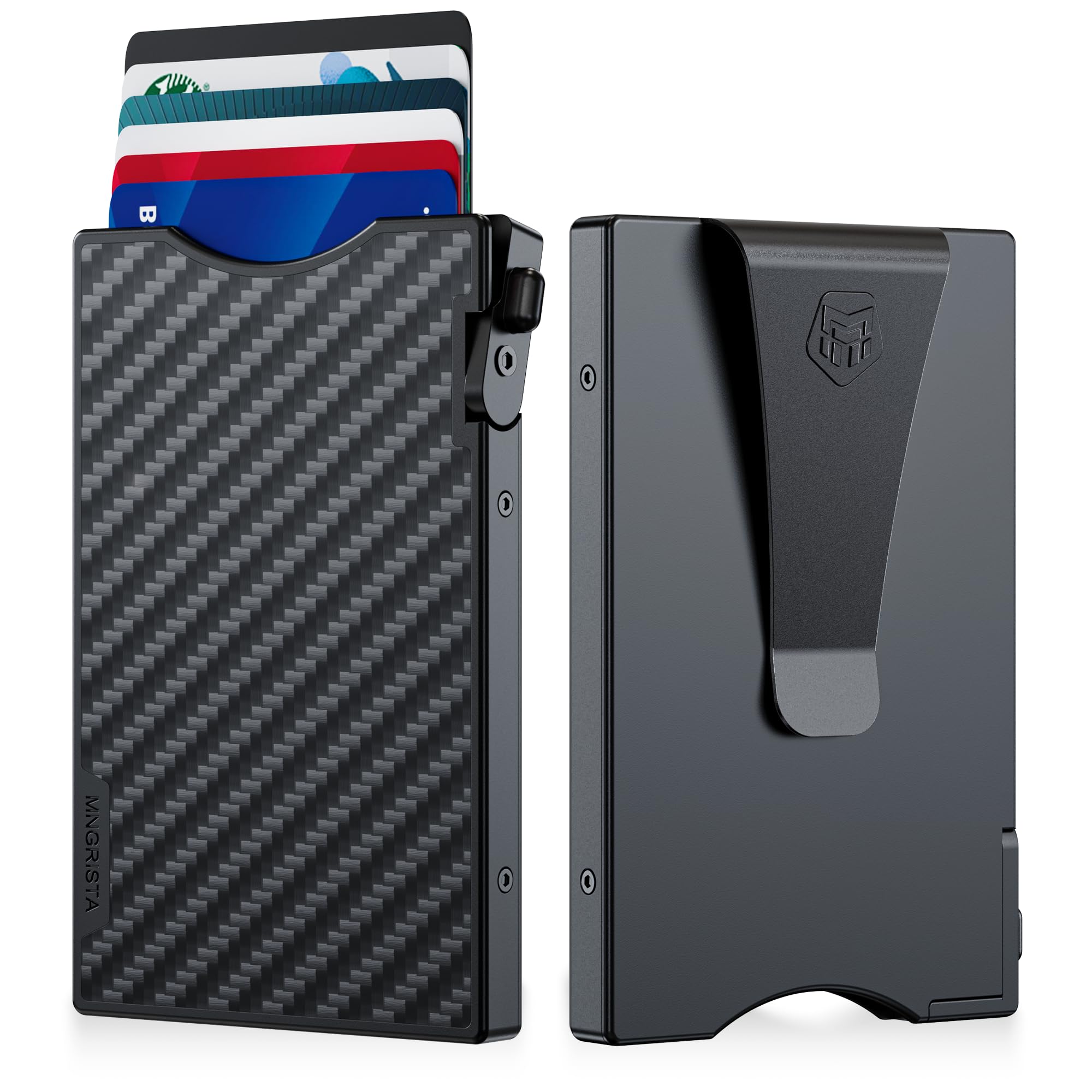 MNGARISTA Minimalist Slim Metal Wallet for Men, Pop Up Credit Card Holder with 3K Carbon Fiber Cover and Detachable Money Clip, RFID Blocking Wallet for 4-6 Cards (Black)