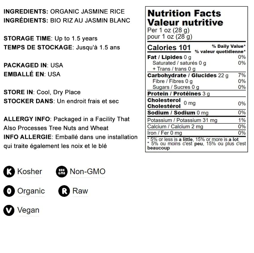 Food to Live - Organic White Jasmine Rice, 5 Pounds - Non-GMO, Long-Grain Rice Variety, Raw, Vegan, Kosher, Bulk