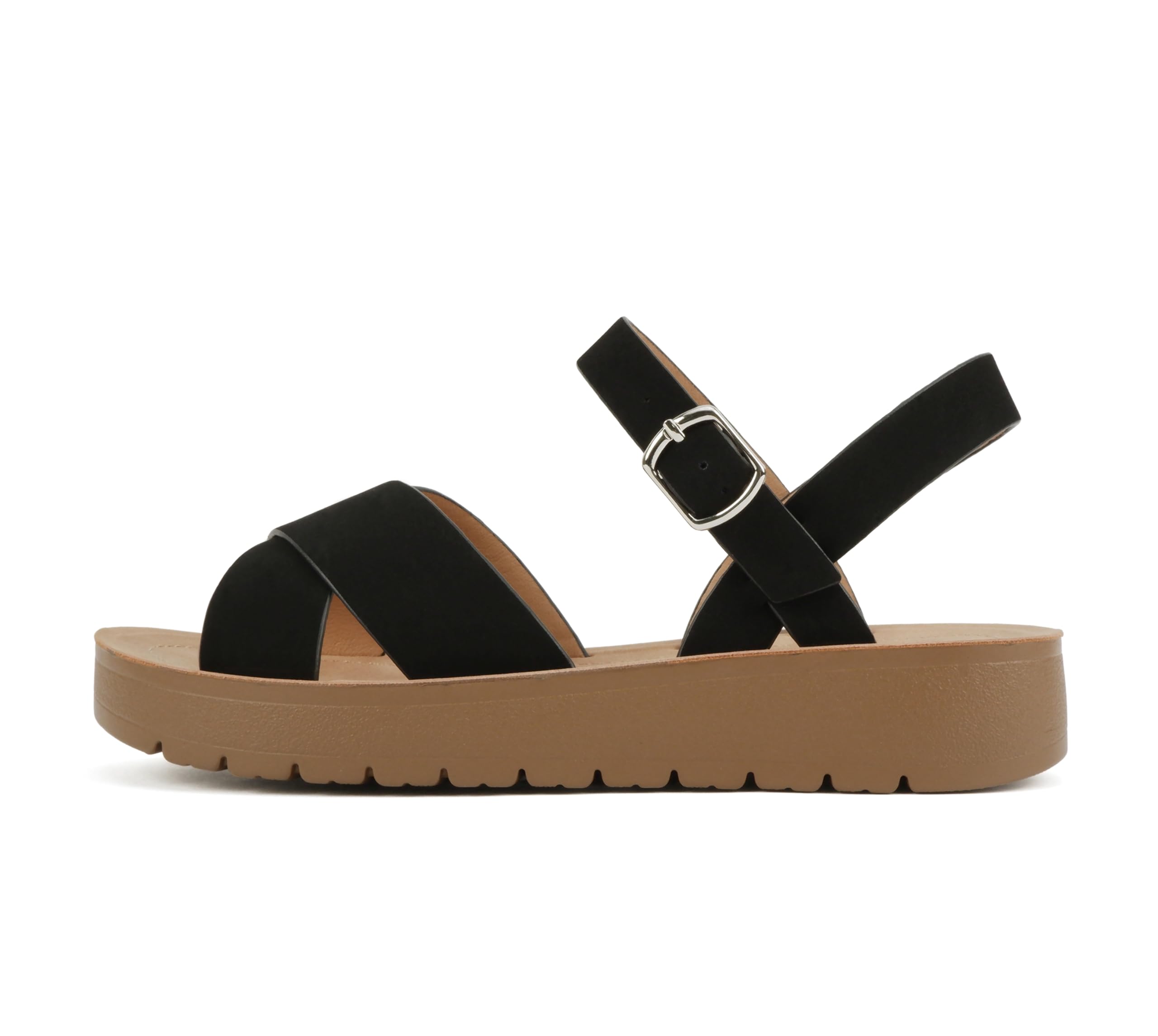 Soda Shoes Women Flat Sandals Flatform Ankle Buckle Criss Cross Band Straps Chester-S Black 7