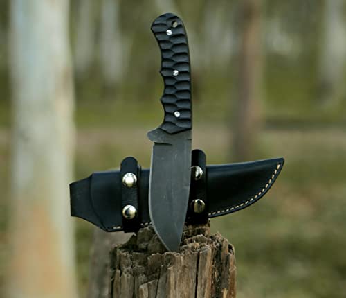 DNT BLADES Hunting knife with Sheath Acid Wash Camping fixed-Blade Knives Carbon Steel Survival Bushcraft knife with Micarta Handle