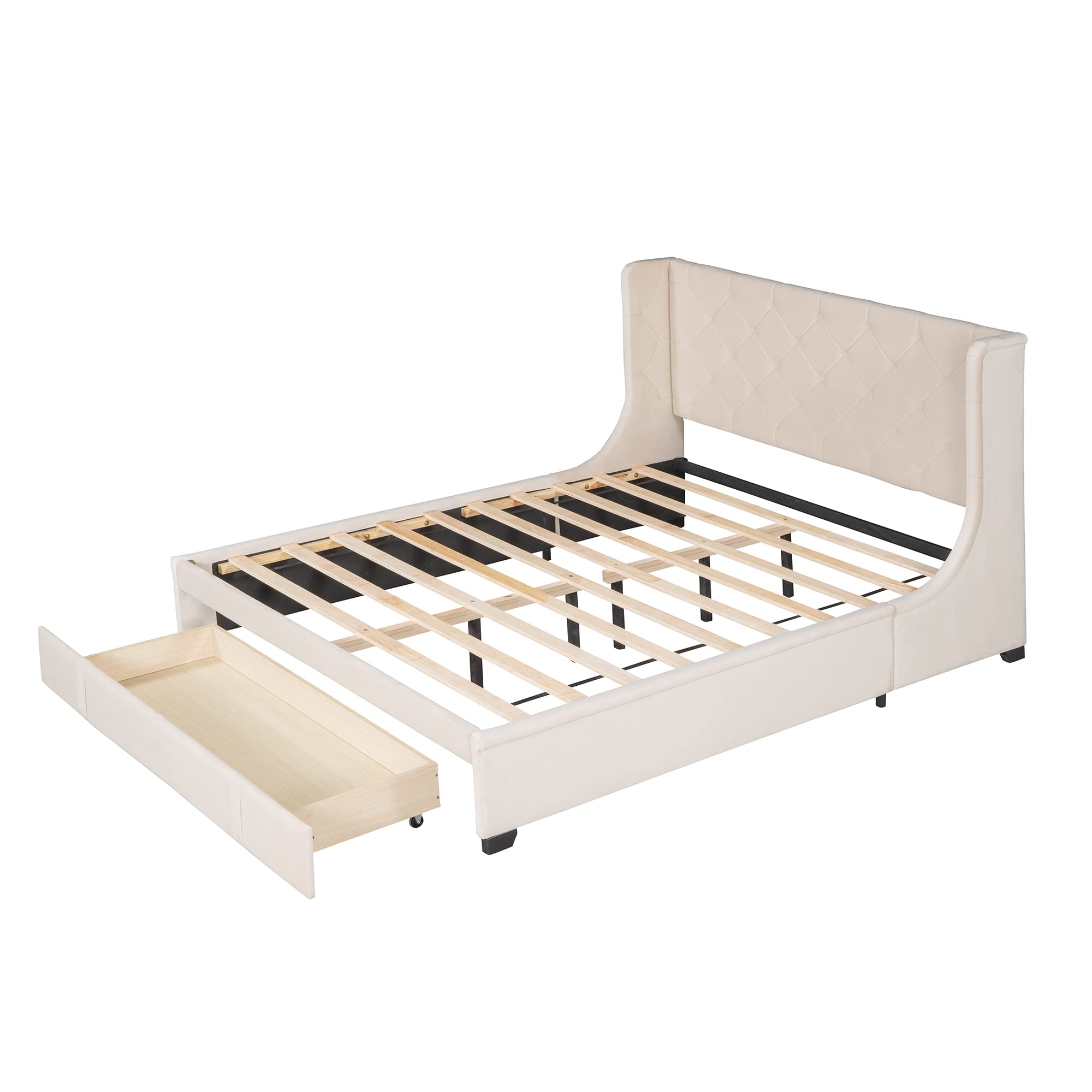Yehha Queen Size Velvet Upholstered Platform Bed w/Button Tufted Headboard & Storage Drawers, Wooden Bedframe w/Strong Slats Support & Capacity 450LBS, No Box Spring Needed, Easy to Assemble, Beige