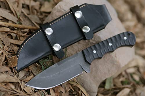 DNT BLADES Hunting knife with Sheath Acid Wash Camping fixed-Blade Knives Carbon Steel Survival Bushcraft knife with Micarta Handle