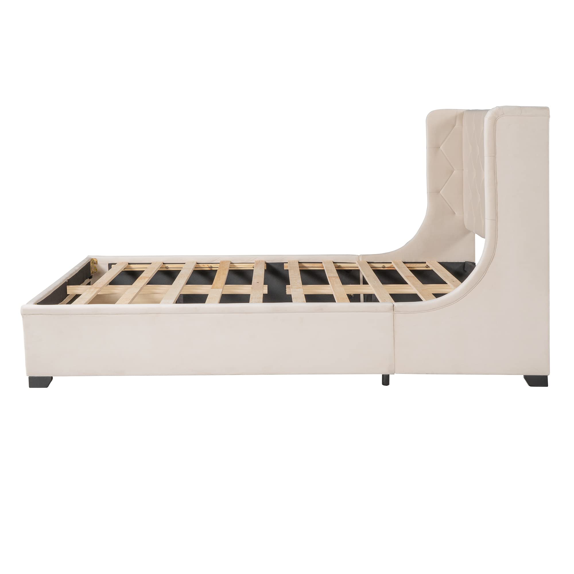 Yehha Queen Size Velvet Upholstered Platform Bed w/Button Tufted Headboard & Storage Drawers, Wooden Bedframe w/Strong Slats Support & Capacity 450LBS, No Box Spring Needed, Easy to Assemble, Beige