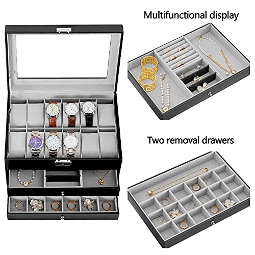 Oyydecor Jewelry Box Watch Box PU Leather Case Organizer Wooden Storage Organizer for Storage and Display Men's & Women's Gift Business (3layers-Gray)