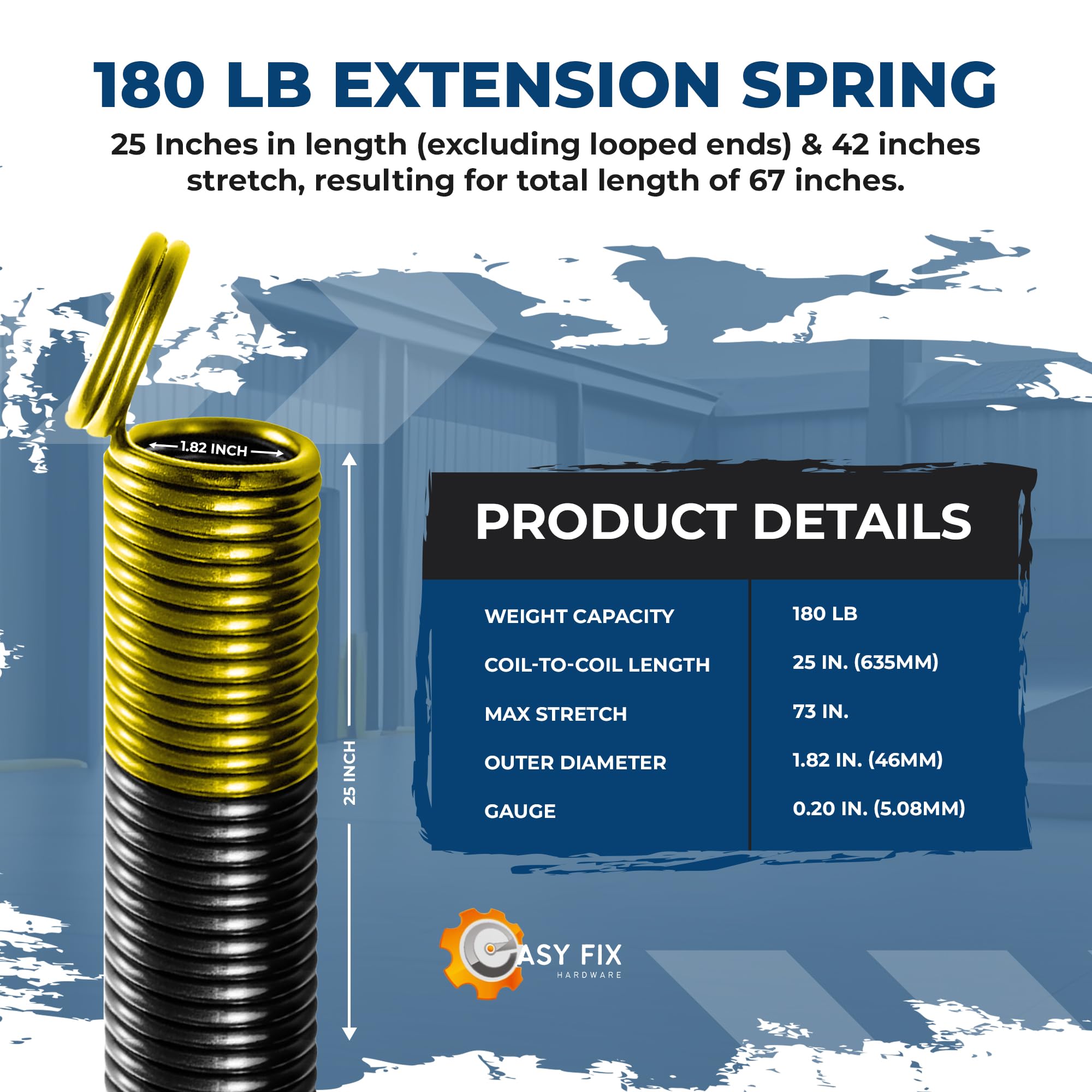 Easy Fix Hardware 180 lb. Heavy-Duty Double-Looped Garage Door Extension Spring (2-Pack) - Gold | Springs for Overhead Garage Door Hardware Repair | Minimum 30,000 Cycles for 7' Feet Garage Door