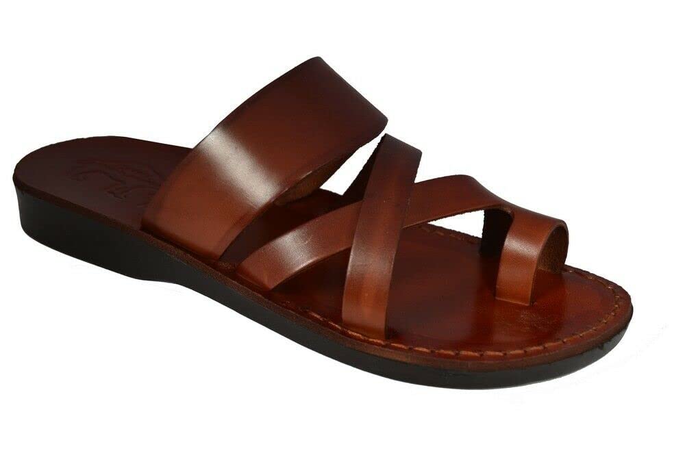 Men's Biblical Jesus Sandals Natural Genuine Camel Leather Toe Loop Handmade From Jerusalem Flip Flops Brown Black Holy Land (Brown, numeric_10)
