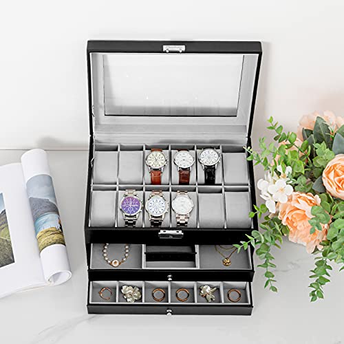 Oyydecor Jewelry Box Watch Box PU Leather Case Organizer Wooden Storage Organizer for Storage and Display Men's & Women's Gift Business (3layers-Gray)