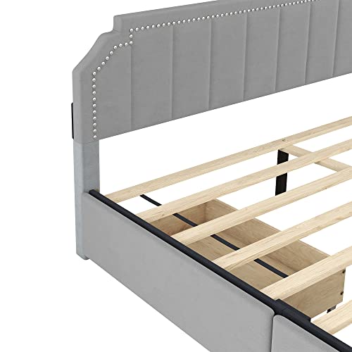 POCIYIHOME King Size Upholstered Platform Bed with Four Storage Drawers & Support Legs, Modern Wooden Bed with Velvet Finish for Bedroom, Classic & Elegant, No Box Spring Needed, Grey (King)