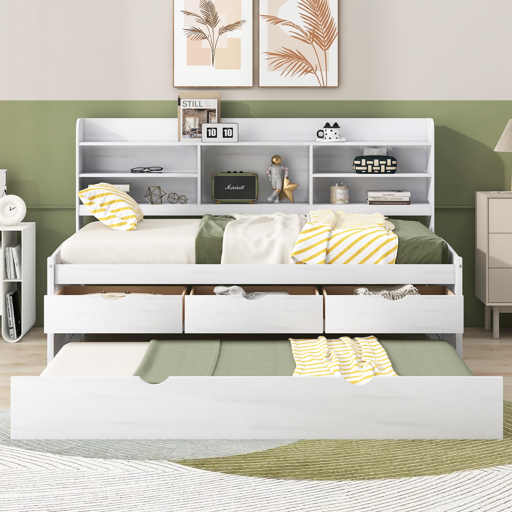 VilroCaz Twin Size Wooden Captain Bed with Built-in Bookshelves, Versatility Daybed Sofa Bed with 3 Storage Drawers and Trundle for Living Room Bedroom Office, Sturdy Slats Support, Maximized Space