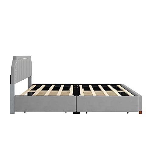 POCIYIHOME King Size Upholstered Platform Bed with Four Storage Drawers & Support Legs, Modern Wooden Bed with Velvet Finish for Bedroom, Classic & Elegant, No Box Spring Needed, Grey (King)