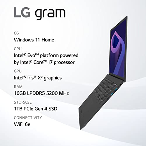 LG gram (2022) 17Z90Q Ultra Lightweight Laptop, 17" (2560 x 1600) IPS Display, Intel Evo 12th Gen i7 1260P Processor, 16GB LPDDR5, 1TB NVMe SSD, FHD Webcam, WiFi 6E, Thunderbolt 4, Windows 11, Black