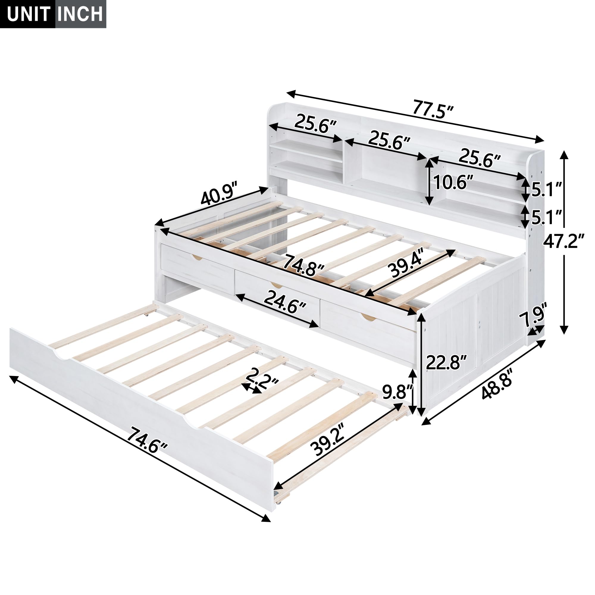 VilroCaz Twin Size Wooden Captain Bed with Built-in Bookshelves, Versatility Daybed Sofa Bed with 3 Storage Drawers and Trundle for Living Room Bedroom Office, Sturdy Slats Support, Maximized Space