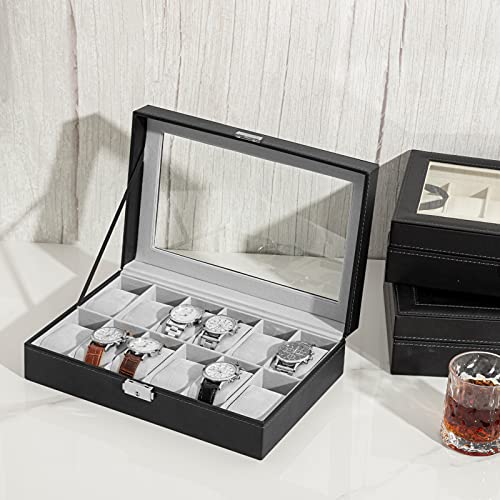 Oyydecor Watch Box PU Leather Case Organizer Wooden Storage Organizer for Storage and Display Men's & Women's Gift Business (12Slots-Gray)