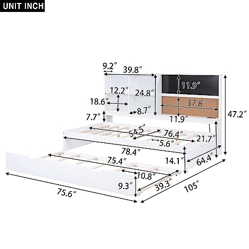 BOVZA Wooden Full Size Daybed with Twin Trundle, USB Ports, Storage Shelves, Blackboard, Cork Board, White