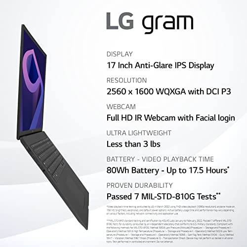 LG gram (2022) 17Z90Q Ultra Lightweight Laptop, 17" (2560 x 1600) IPS Display, Intel Evo 12th Gen i7 1260P Processor, 16GB LPDDR5, 1TB NVMe SSD, FHD Webcam, WiFi 6E, Thunderbolt 4, Windows 11, Black