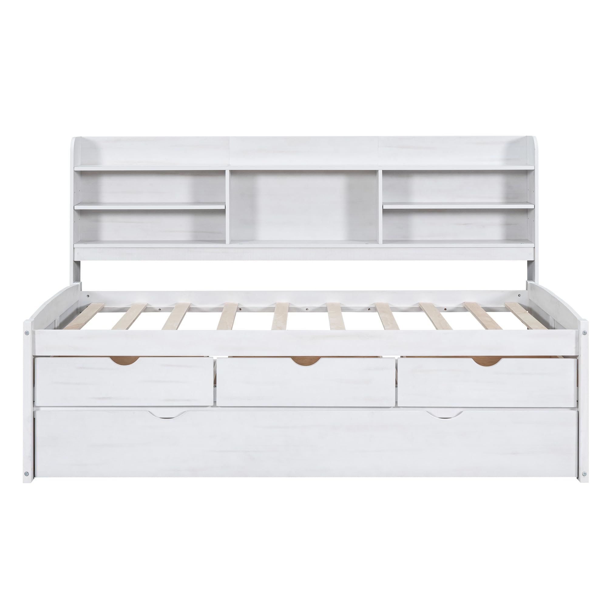 VilroCaz Twin Size Wooden Captain Bed with Built-in Bookshelves, Versatility Daybed Sofa Bed with 3 Storage Drawers and Trundle for Living Room Bedroom Office, Sturdy Slats Support, Maximized Space