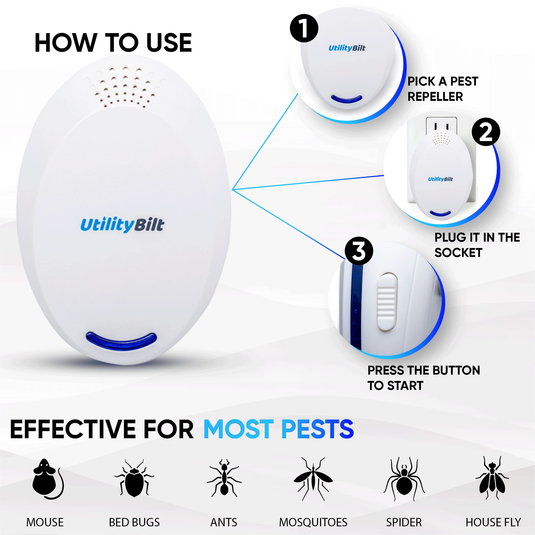 UtilityBilt Ultrasonic Pest Repeller indoor 4 Pack Pest Repellent Ultrasonic Plug in for Home and Kitchen | Mouse Repellent | Eco-Friendly Safe for Humans, Bug Repellent for Pest Control, mice, Spider