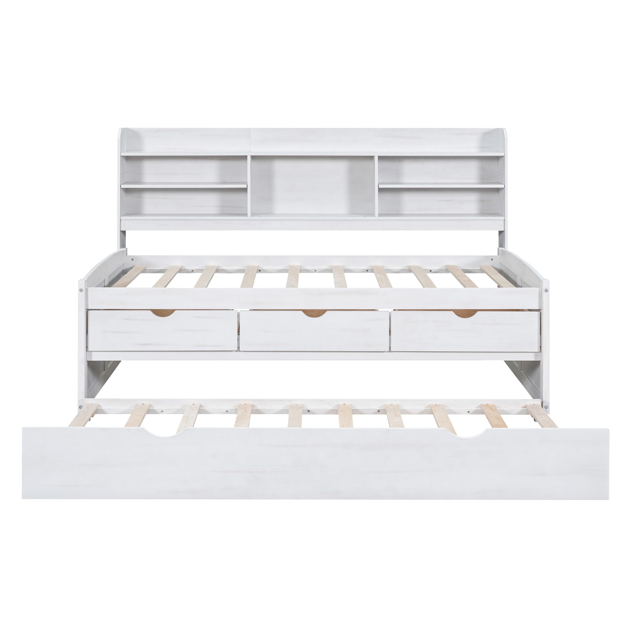 VilroCaz Twin Size Wooden Captain Bed with Built-in Bookshelves, Versatility Daybed Sofa Bed with 3 Storage Drawers and Trundle for Living Room Bedroom Office, Sturdy Slats Support, Maximized Space