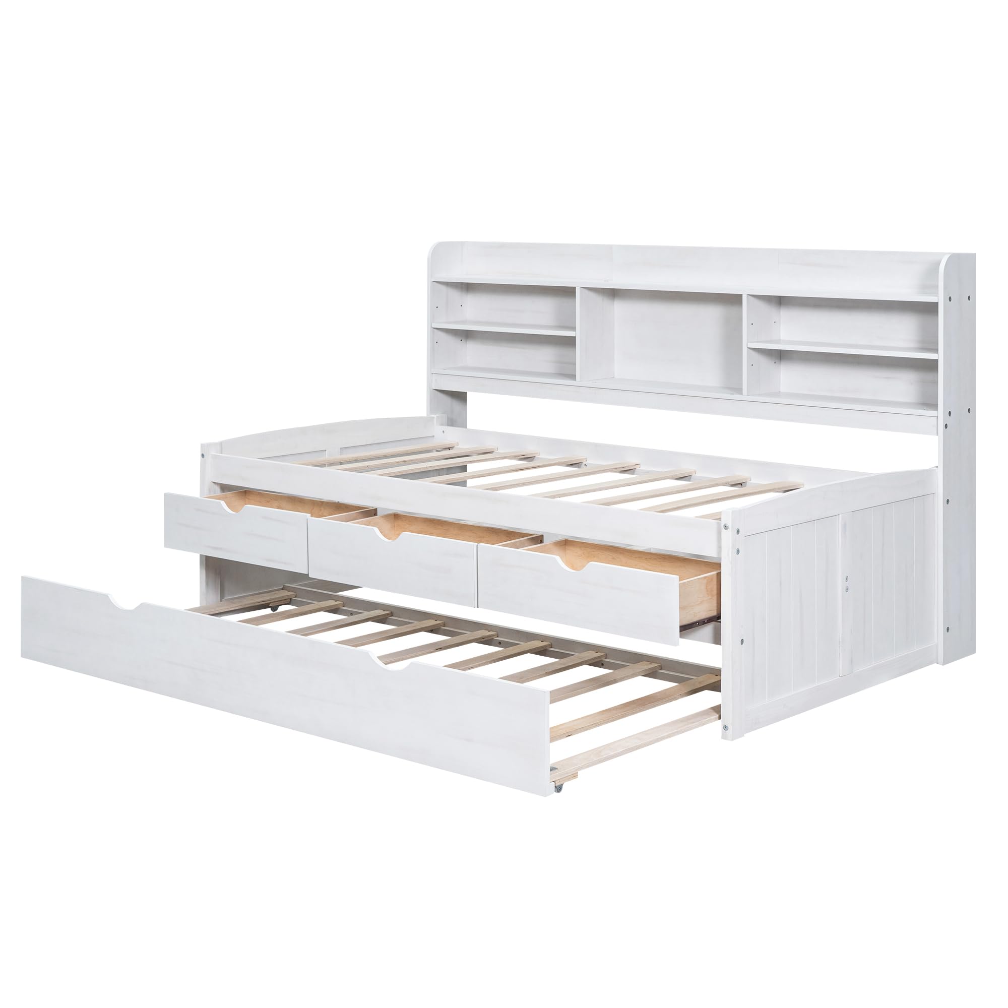 VilroCaz Twin Size Wooden Captain Bed with Built-in Bookshelves, Versatility Daybed Sofa Bed with 3 Storage Drawers and Trundle for Living Room Bedroom Office, Sturdy Slats Support, Maximized Space