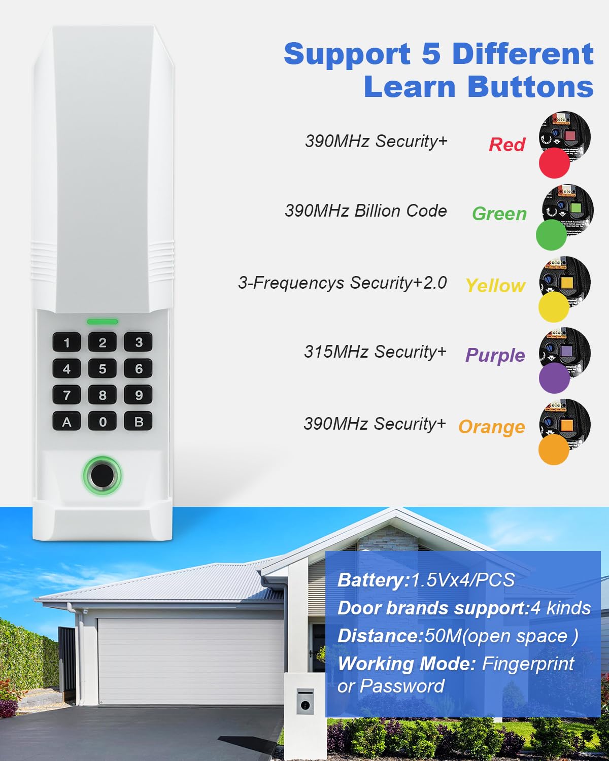 Universal Fingerprint Garage Door Keypad Fit for Liftmaster Chamberlain Craftsman Opener Unlock with Fingerprint Control Multiple Doors Replace 877max G940EV-P2 877Lm Wireless Keyless White