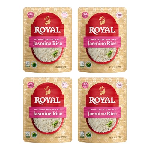 Royal Authentic Thai Hom Mali White Jasmine Rice - Microwave Rice - Dinner Side Dish - (4 Pack) 8.5 oz Pouch