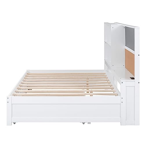 BOVZA Wooden Full Size Daybed with Twin Trundle, USB Ports, Storage Shelves, Blackboard, Cork Board, White