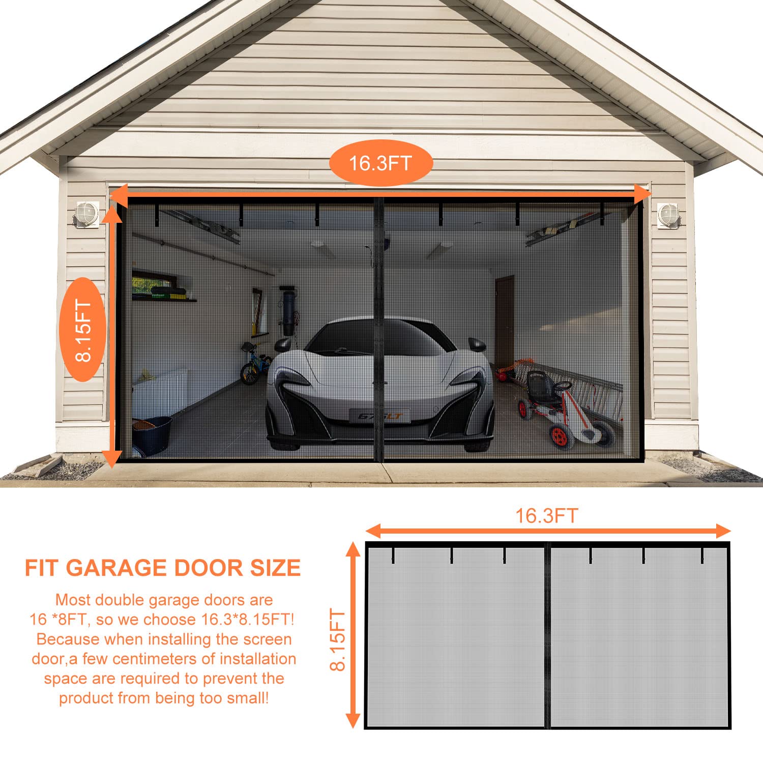 Fiberglass Magnetic Garage Screen Door - Double 16x7ft (2 car) Hands Free Mesh Screen Door,DIY Retractable Garage Door Screen with 6 Roll Up Starps (Fit 16 Ft W * 7 Ft H-A)