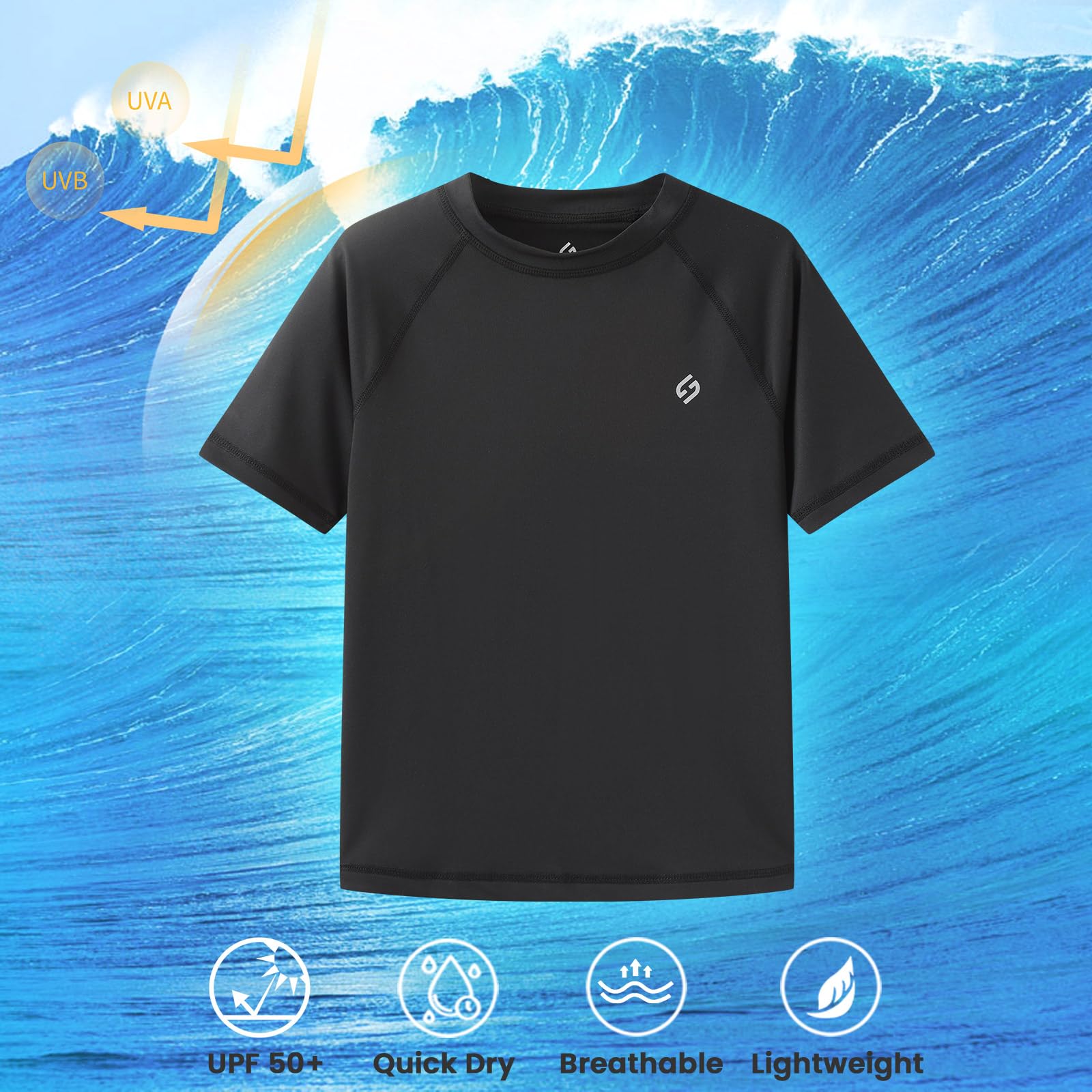HODOSPORTS Boys UPF 50+ Rash Guard Swim Shirts Short Sleeve Quick Dry UV Protection Sun Shirt Black