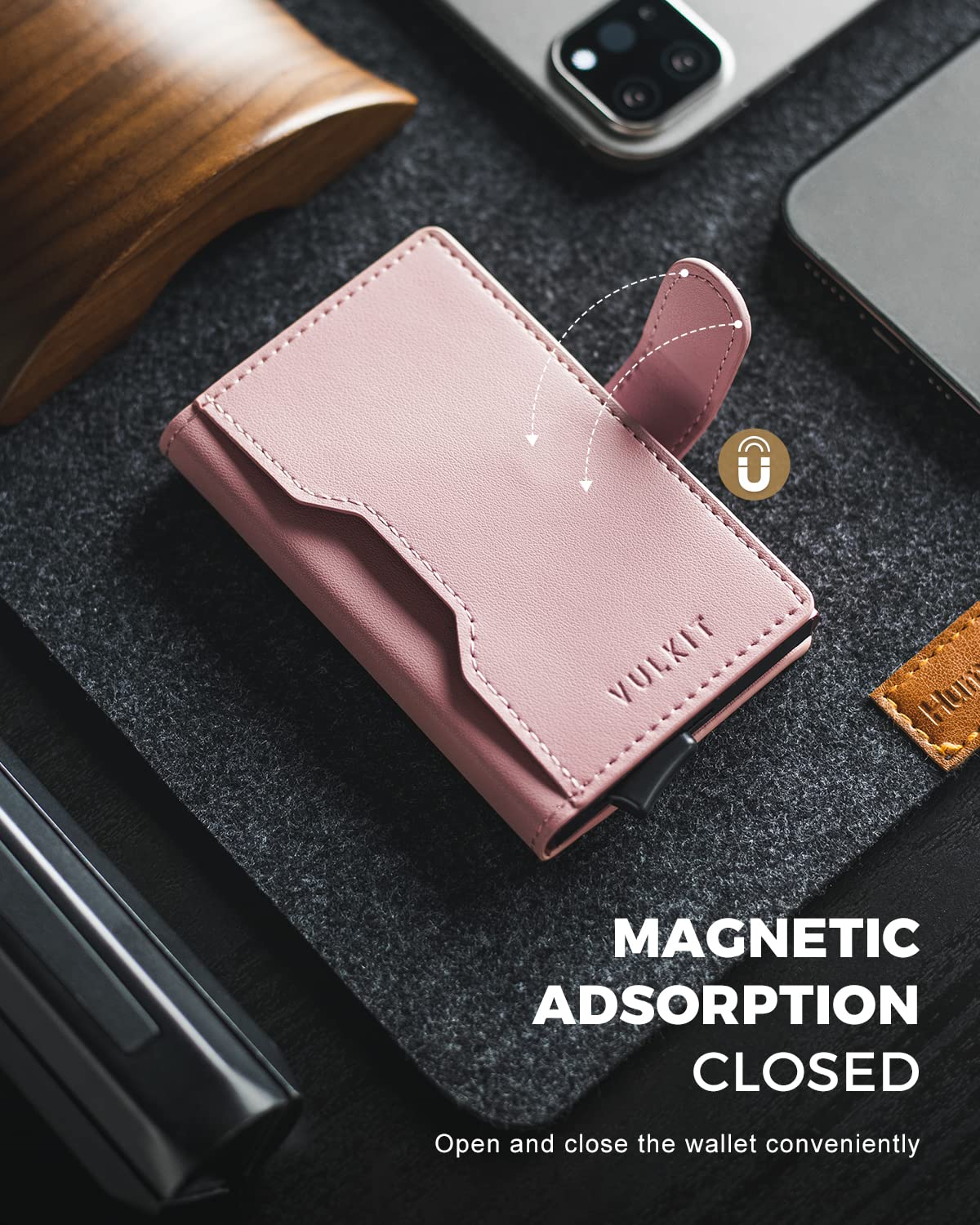 VULKIT Pop up Wallet Credit Card Holder with Leather Slots RFID Blocking Slim Metal Card Case for Men or Women(Rose)