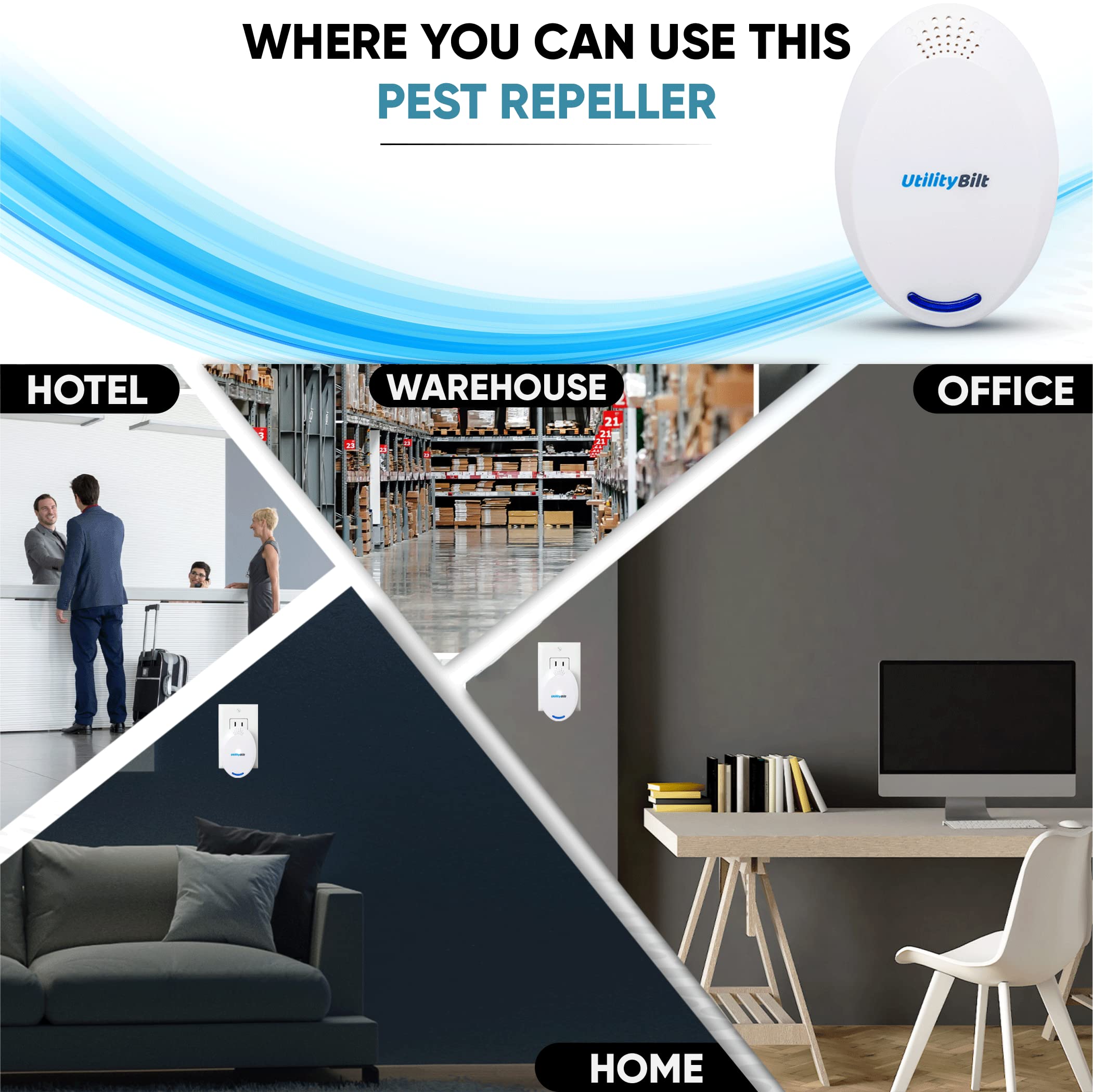 UtilityBilt Ultrasonic Pest Repeller indoor 4 Pack Pest Repellent Ultrasonic Plug in for Home and Kitchen | Mouse Repellent | Eco-Friendly Safe for Humans, Bug Repellent for Pest Control, mice, Spider