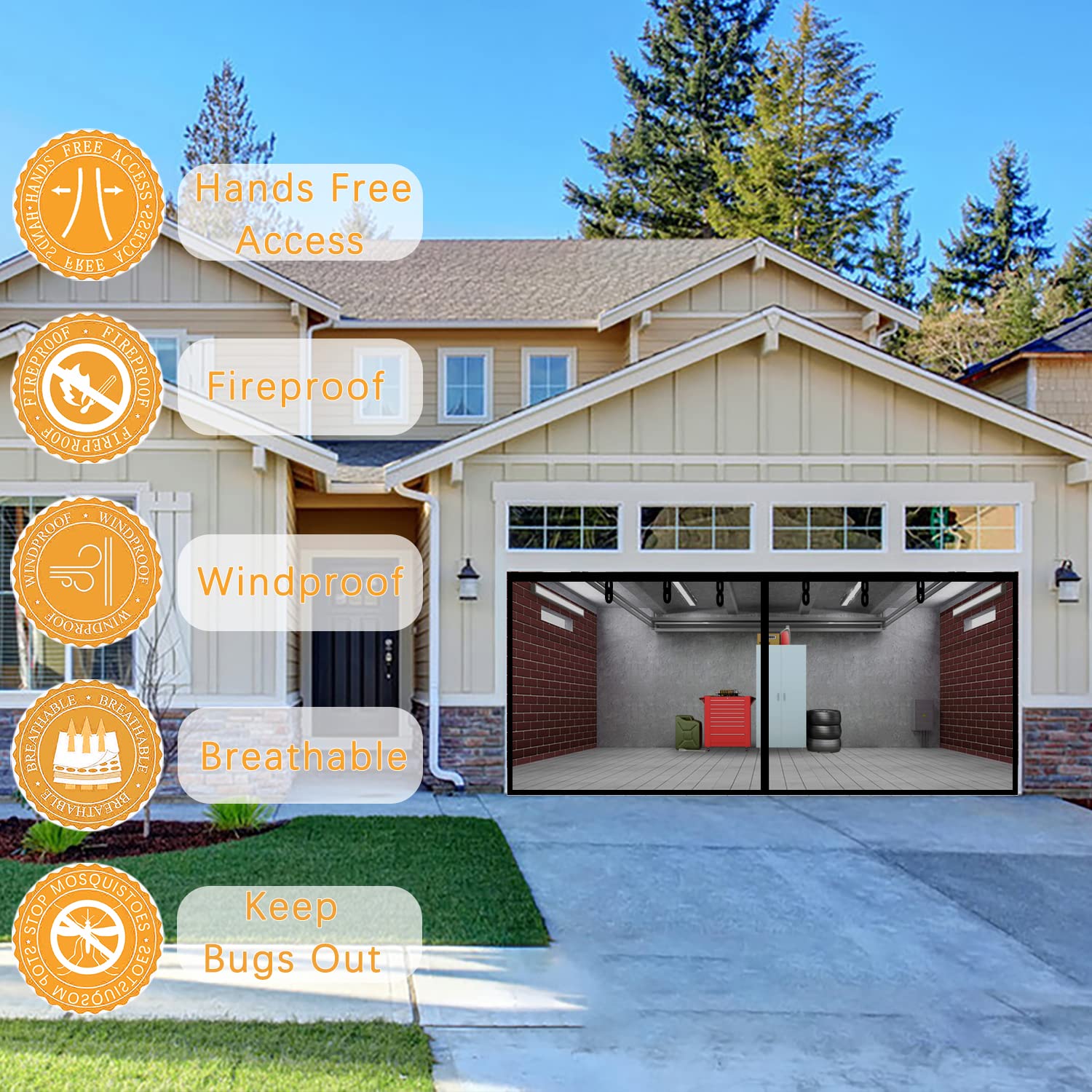 Fiberglass Magnetic Garage Screen Door - Double 16x7ft (2 car) Hands Free Mesh Screen Door,DIY Retractable Garage Door Screen with 6 Roll Up Starps (Fit 16 Ft W * 7 Ft H-A)