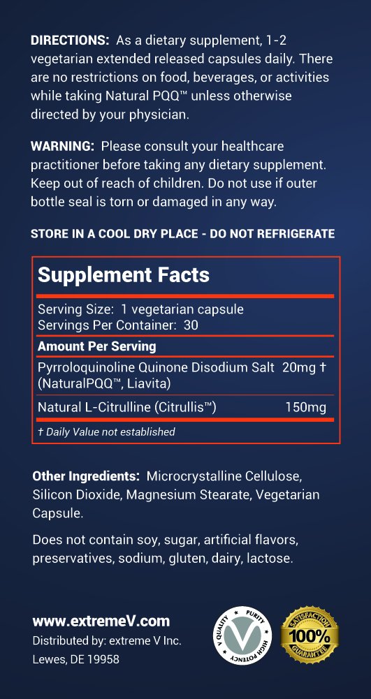 NaturalPQQ - Mitochondrial Energy Nitric Oxide Booster - Citrullis for Extended Energy. 20mg (Pyrroloquinoline Quinone)