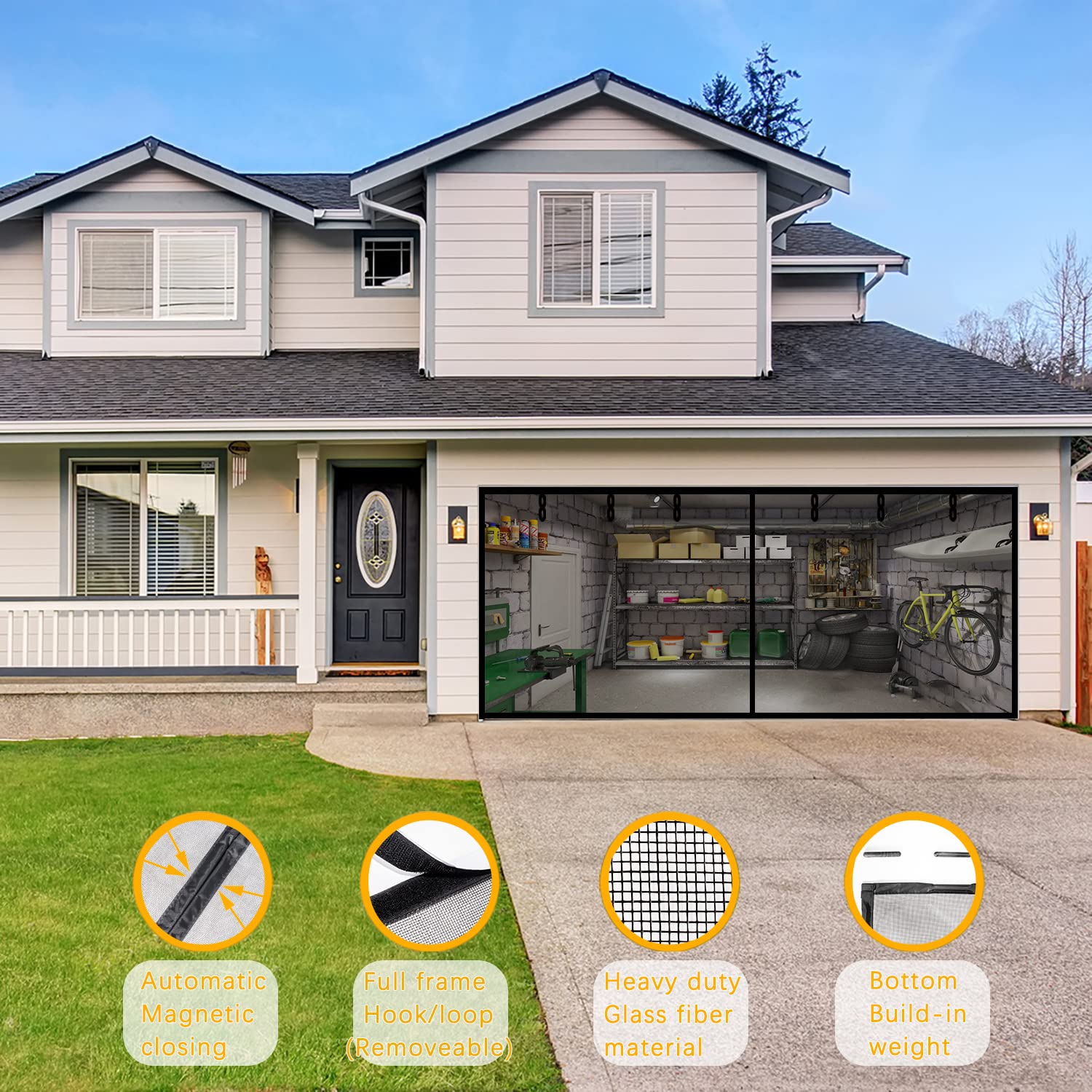 Fiberglass Magnetic Garage Screen Door - Double 16x7ft (2 car) Hands Free Mesh Screen Door,DIY Retractable Garage Door Screen with 6 Roll Up Starps (Fit 16 Ft W * 7 Ft H-A)