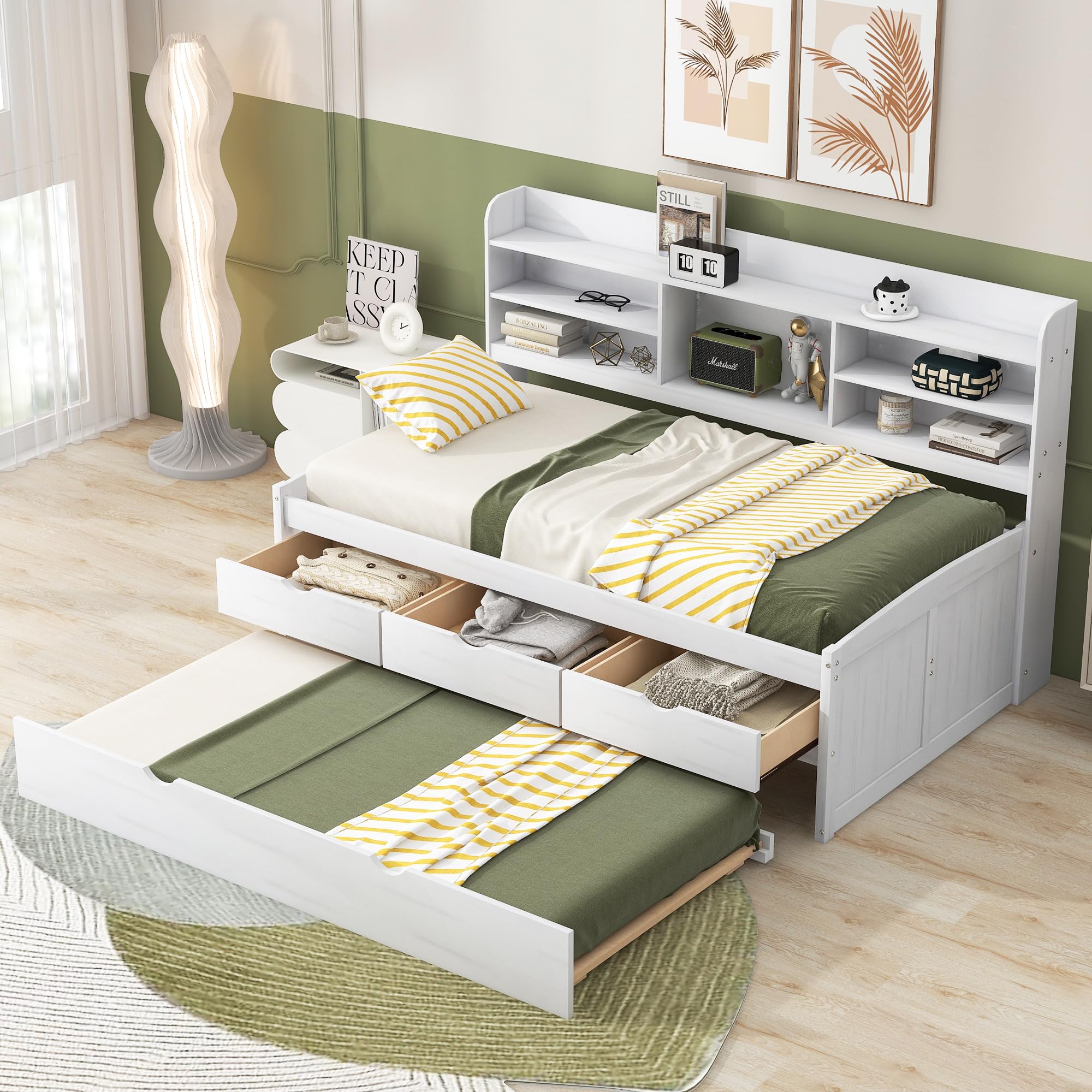VilroCaz Twin Size Wooden Captain Bed with Built-in Bookshelves, Versatility Daybed Sofa Bed with 3 Storage Drawers and Trundle for Living Room Bedroom Office, Sturdy Slats Support, Maximized Space