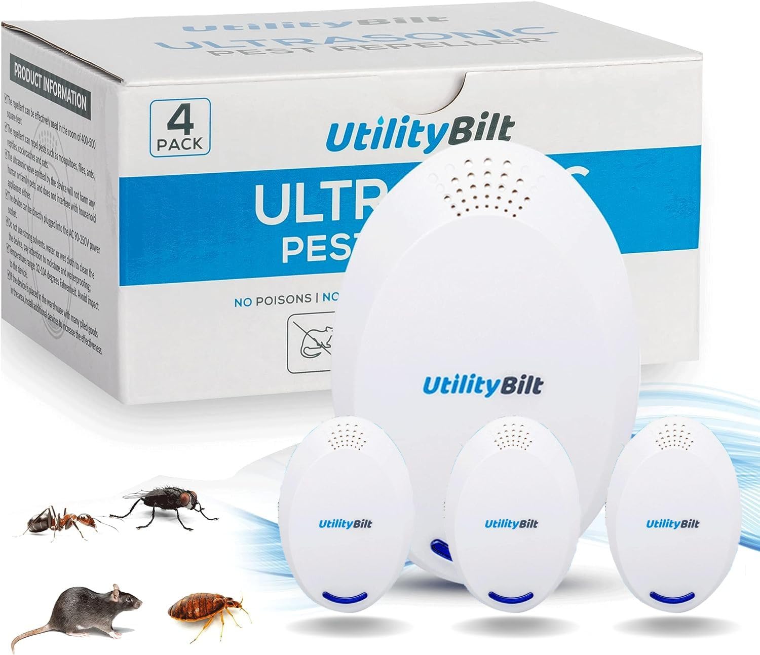 UtilityBilt Ultrasonic Pest Repeller indoor 4 Pack Pest Repellent Ultrasonic Plug in for Home and Kitchen | Mouse Repellent | Eco-Friendly Safe for Humans, Bug Repellent for Pest Control, mice, Spider