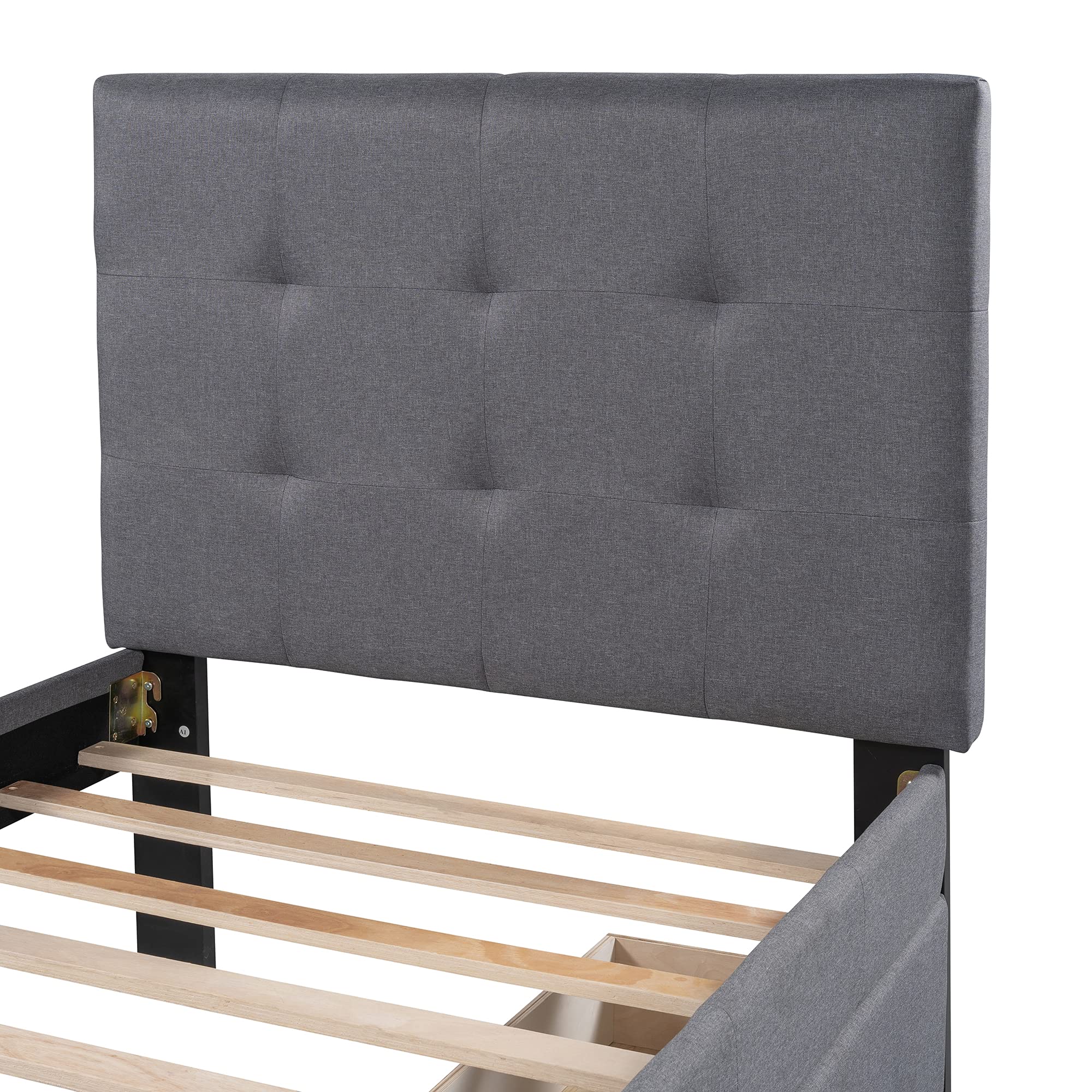 HZSSDTKJ Twin Size Linen Upholstered Platform Bed with Headboard and 2 Storage Drawers, Wooden Daybed Frame with Slat Support for Kids Teens Girls Boys Adults, No Box Spring Needed (Gray-04, Twin)