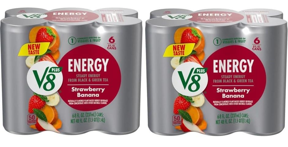 V8 +ENERGY Strawberry Banana Energy Drink, Made with Real Vegetable and Fruit Juices, 8 FL OZ Can (2 Packs of 6 Cans)