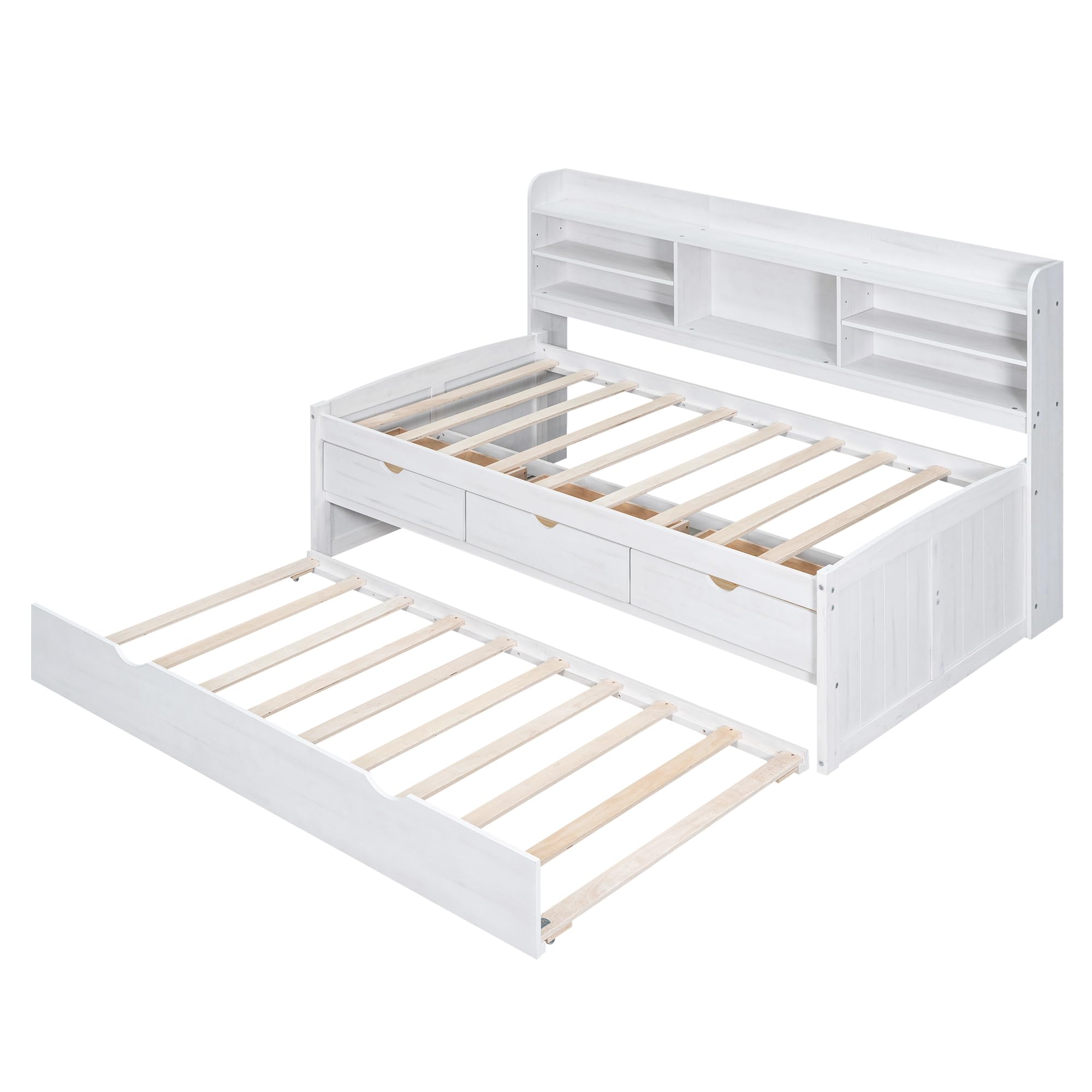 MiHunnor Twin Size Captain Bed with Built-in Bookshelves, Wooden Daybed with 3 Storage Drawers and Trundle, Sofa Bed Frame for Bedroom Living Room
