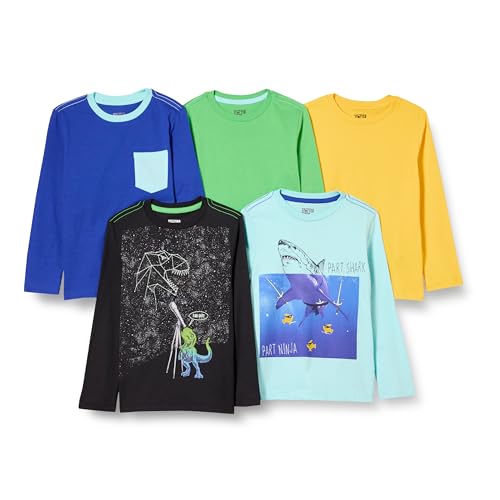 Amazon Essentials Boys' Long-Sleeve T-Shirts, Pack of 5, Black/Blue/Yellow, Large
