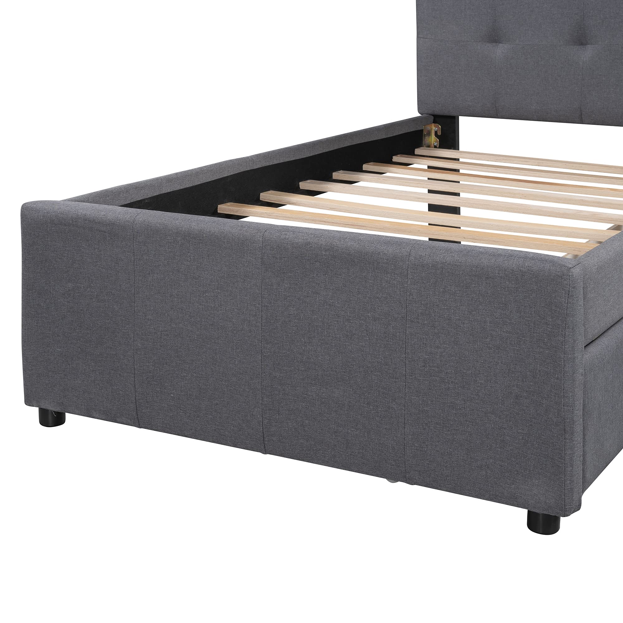 HZSSDTKJ Twin Size Linen Upholstered Platform Bed with Headboard and 2 Storage Drawers, Wooden Daybed Frame with Slat Support for Kids Teens Girls Boys Adults, No Box Spring Needed (Gray-04, Twin)