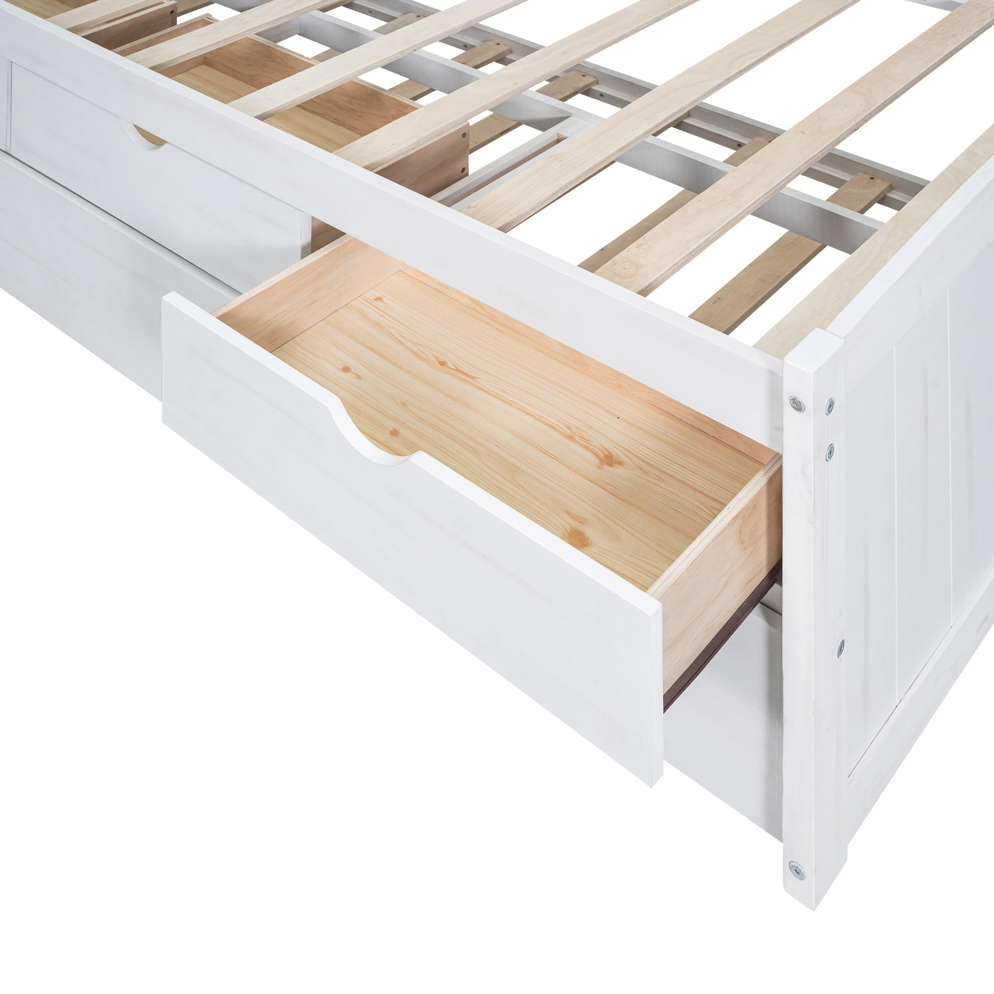 MiHunnor Twin Size Captain Bed with Built-in Bookshelves, Wooden Daybed with 3 Storage Drawers and Trundle, Sofa Bed Frame for Bedroom Living Room