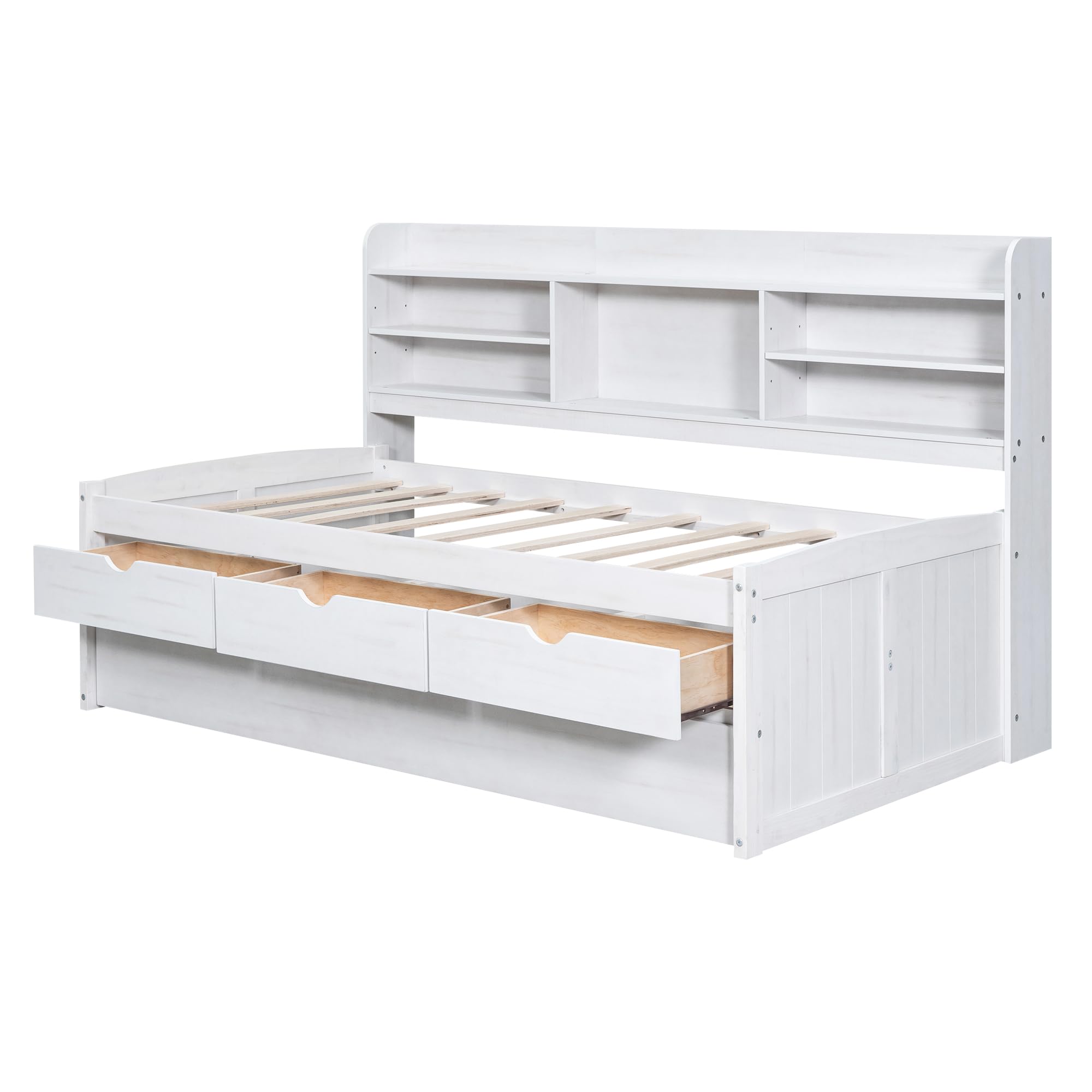MiHunnor Twin Size Captain Bed with Built-in Bookshelves, Wooden Daybed with 3 Storage Drawers and Trundle, Sofa Bed Frame for Bedroom Living Room