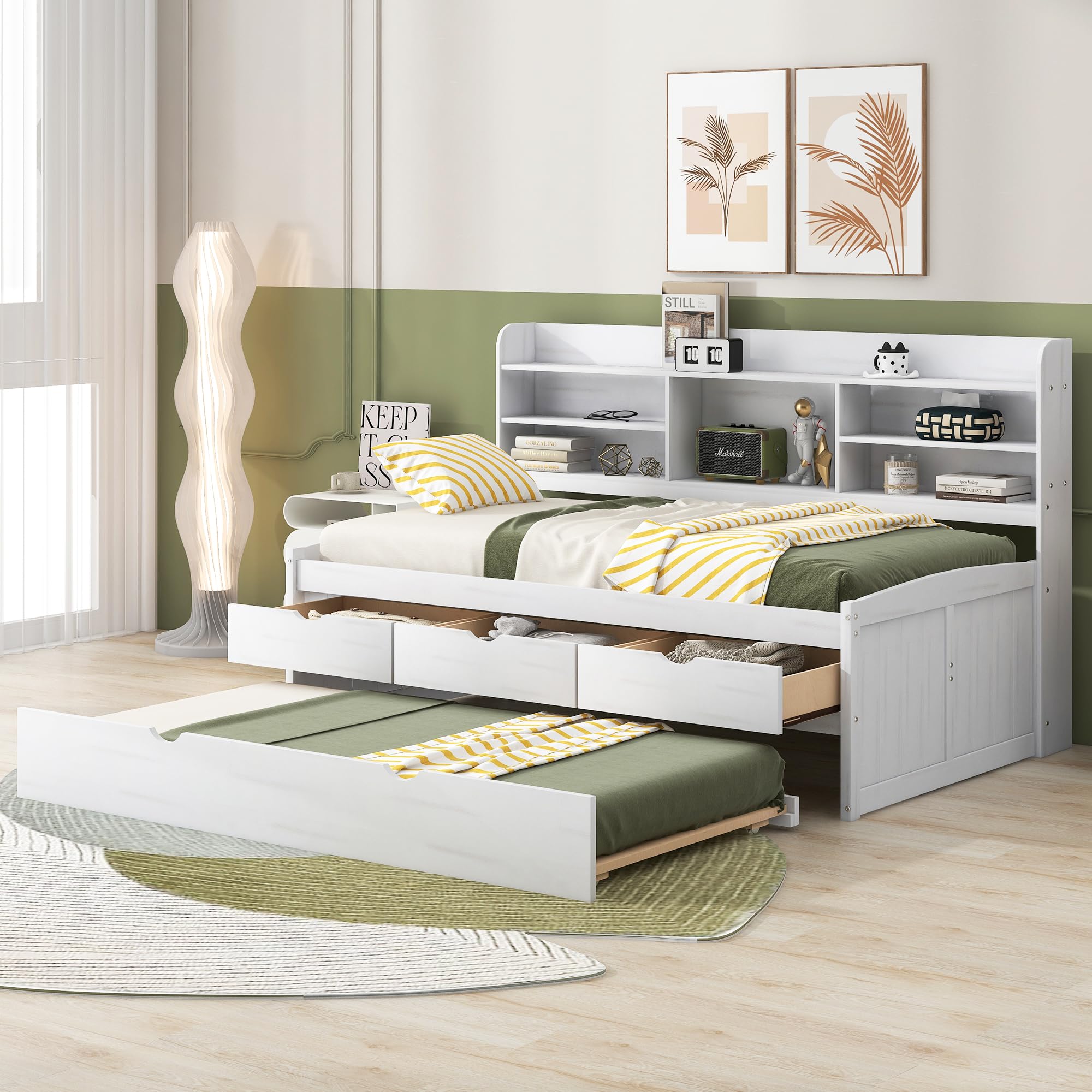 MiHunnor Twin Size Captain Bed with Built-in Bookshelves, Wooden Daybed with 3 Storage Drawers and Trundle, Sofa Bed Frame for Bedroom Living Room