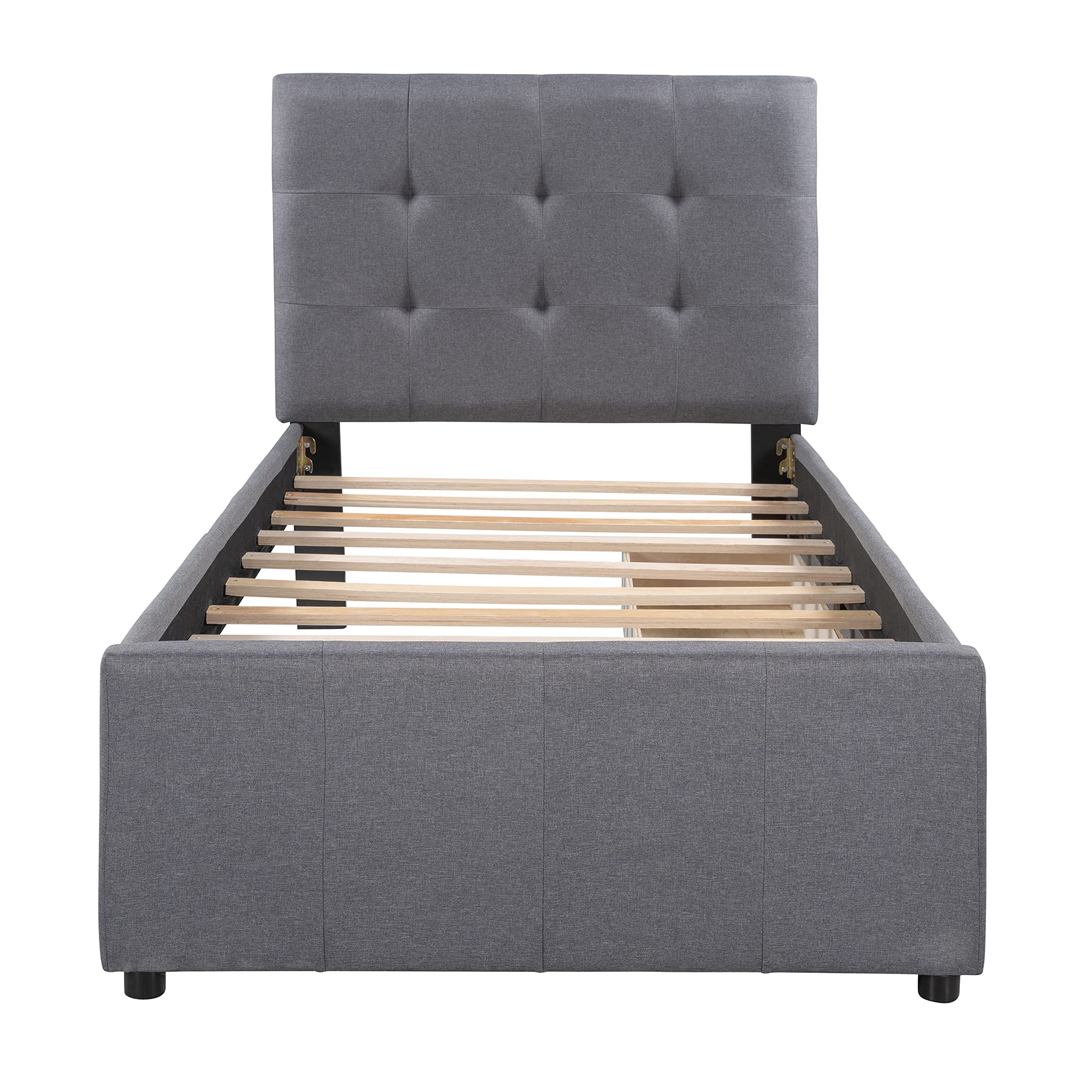 HZSSDTKJ Twin Size Linen Upholstered Platform Bed with Headboard and 2 Storage Drawers, Wooden Daybed Frame with Slat Support for Kids Teens Girls Boys Adults, No Box Spring Needed (Gray-04, Twin)